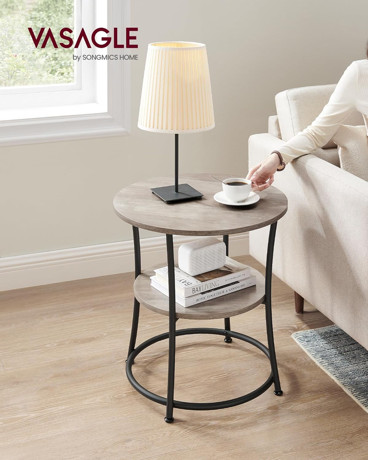2-Tier Round End Table with Steel Frame, Heather Greige and Ink Black ...