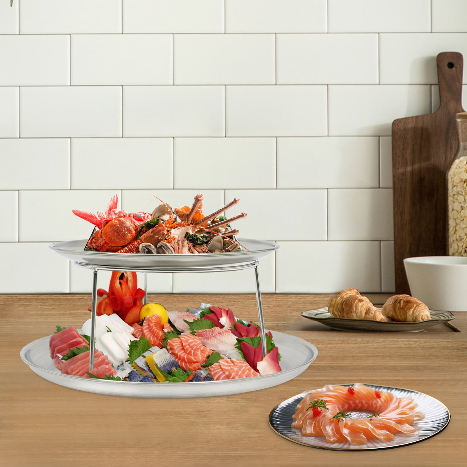 2 Tier Round Food Serving Riser Seafood Plate Silver Plate Rack Tray ...