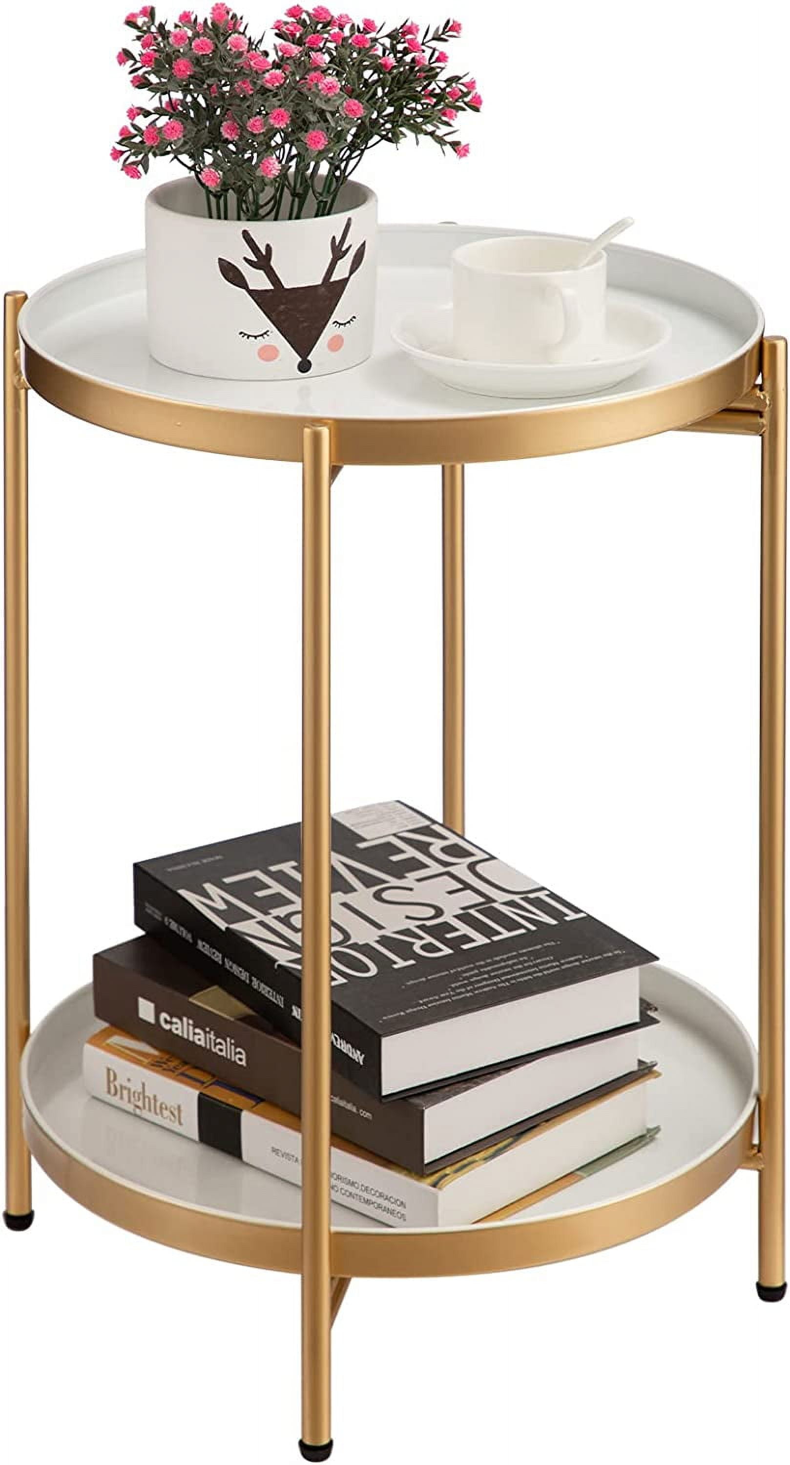 2-Tier Round Gold Side Table, Outdoor Small Folding Accent Stand with ...