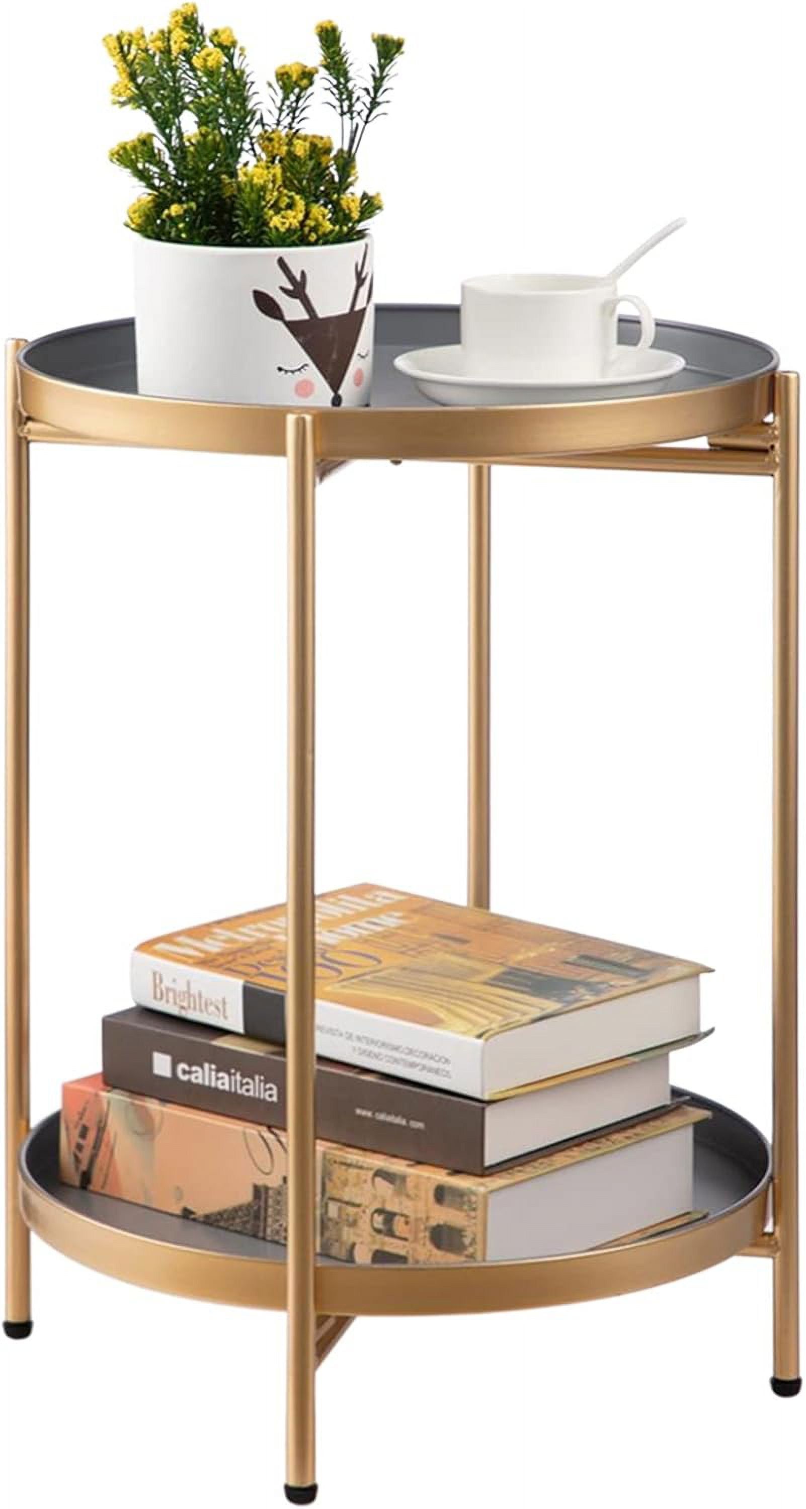 2-Tier Round Gold Side Table, Outdoor Small Folding Accent Stand with ...