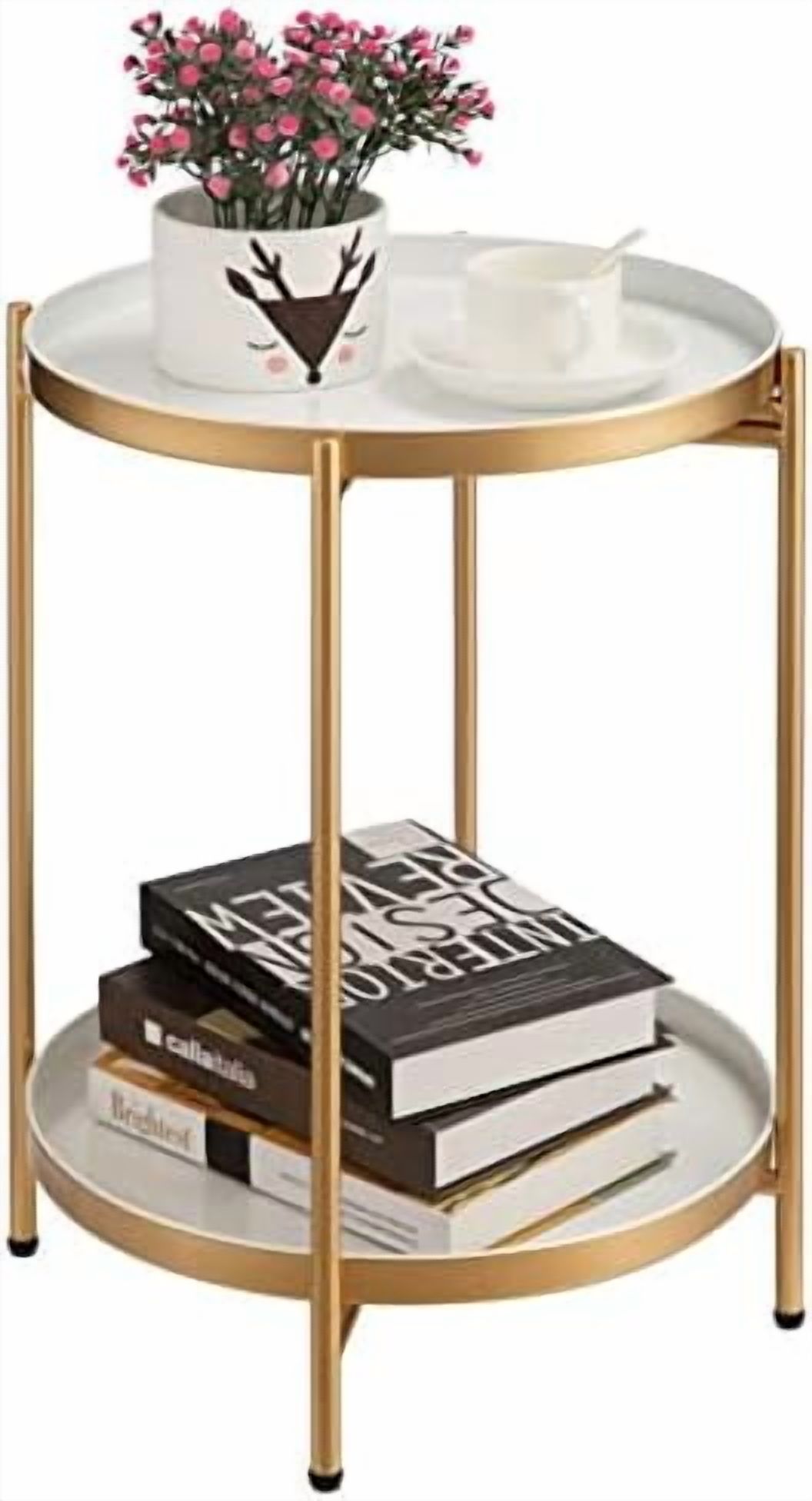 2-Tier Round Gold Side Table, Outdoor Small Folding Accent Stand with ...