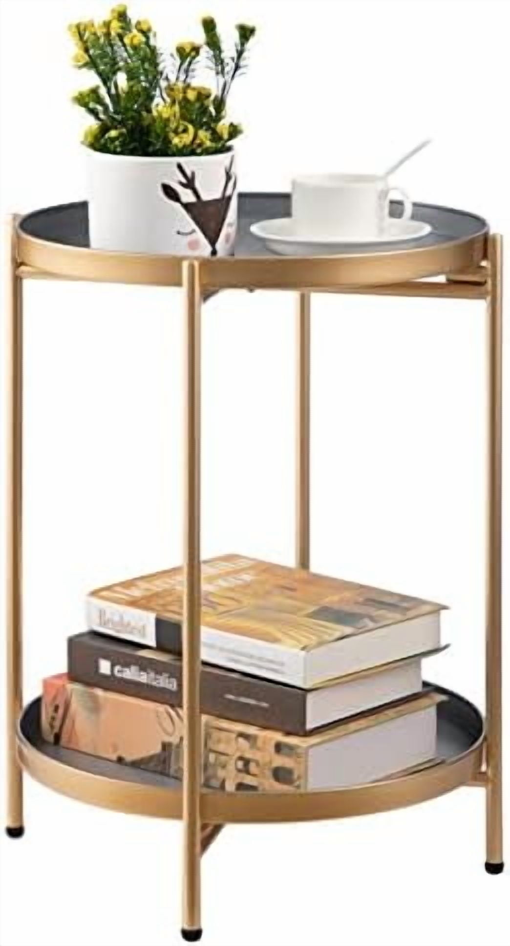2-Tier Round Gold Side Table, Outdoor Small Folding Accent Stand with ...