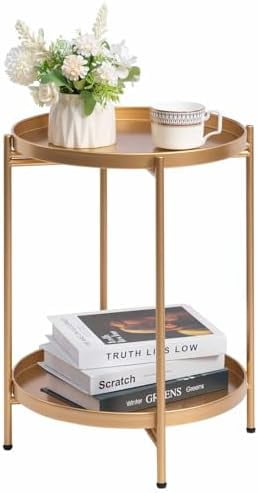2-Tier Round Gold Side Table, Outdoor Small Folding Accent Stand with ...