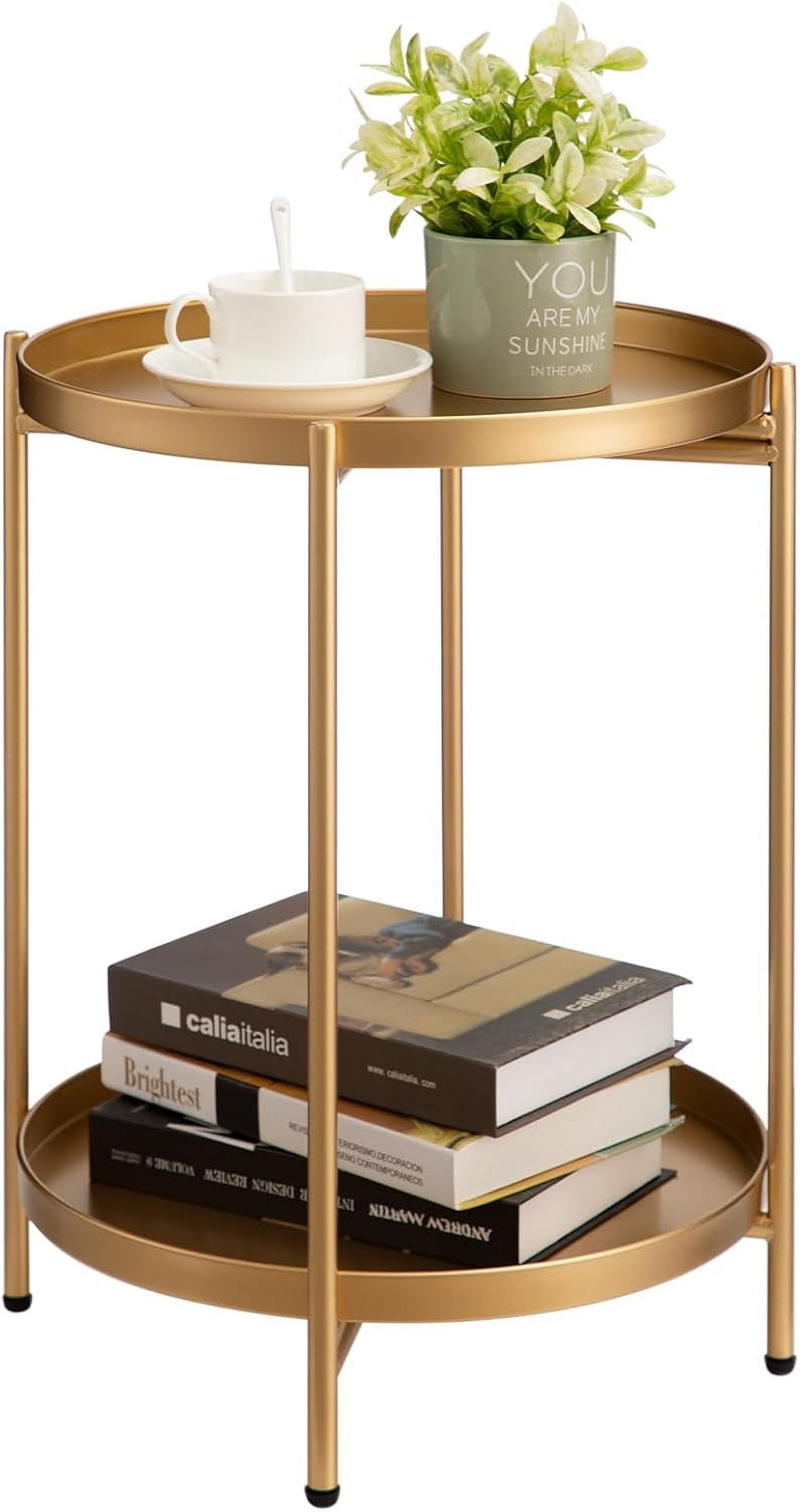 2-Tier Round Gold Side Table, Outdoor Small Folding Accent Stand with ...
