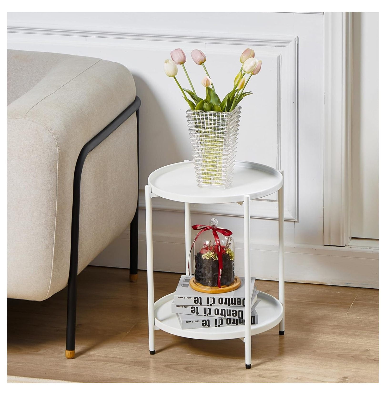 2 Tier Round Metal Side Table, Folding Metal End Tables Coffee Table ...