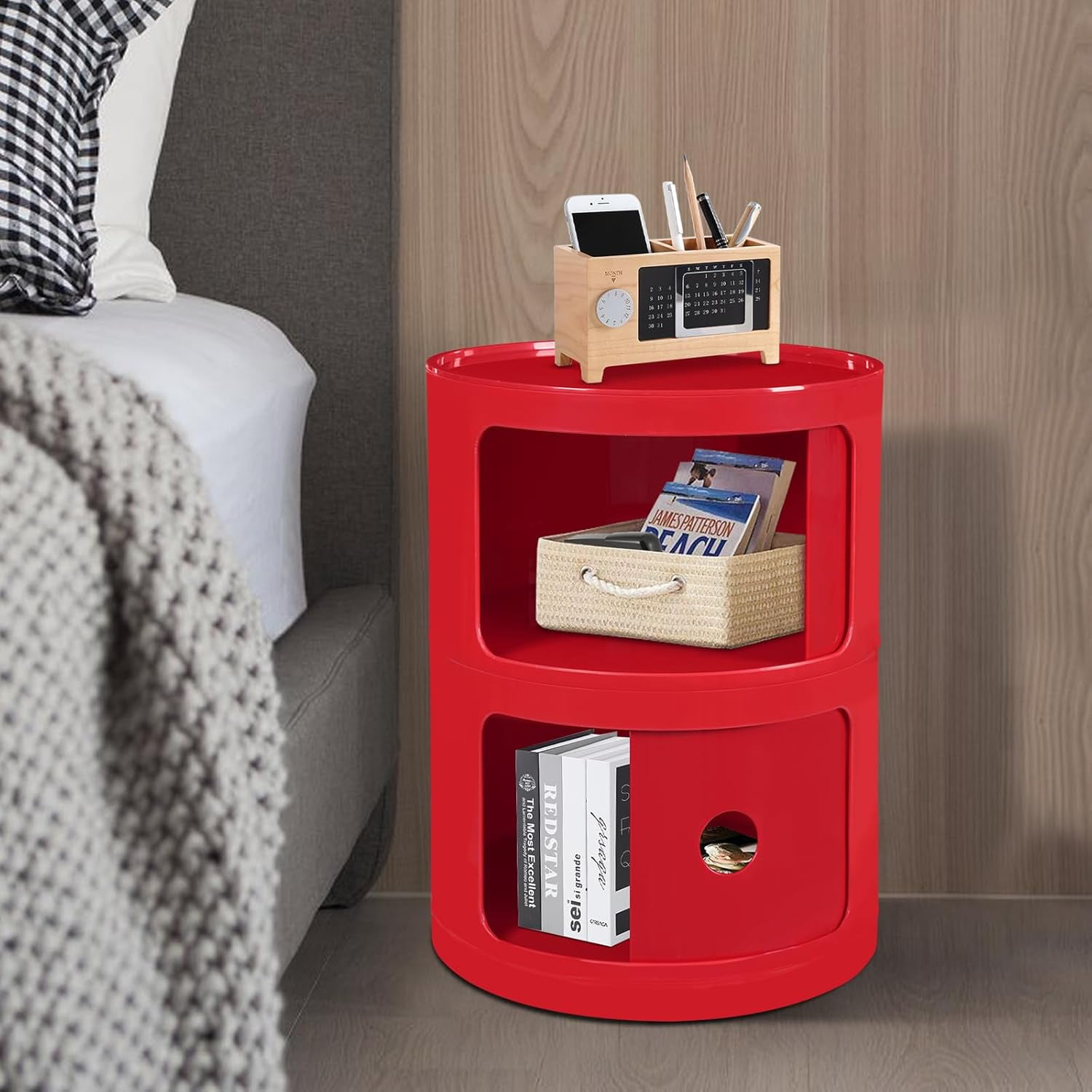2 Tier Round Nightstand Red Bedside Table Side Table with 2 Storage ...