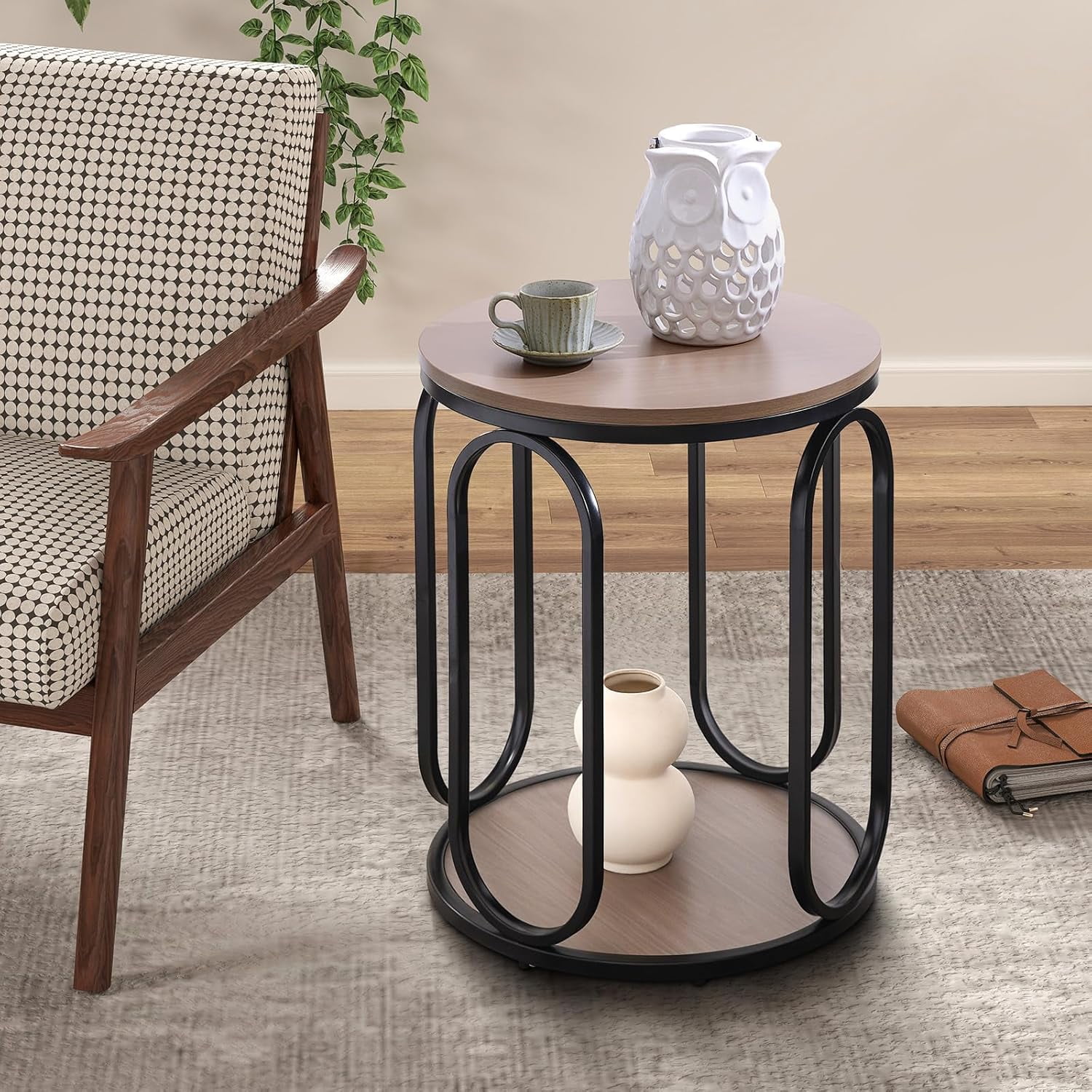 2 Tier Round Side Table 24.6"H Round End Table Industrial Side Table ...