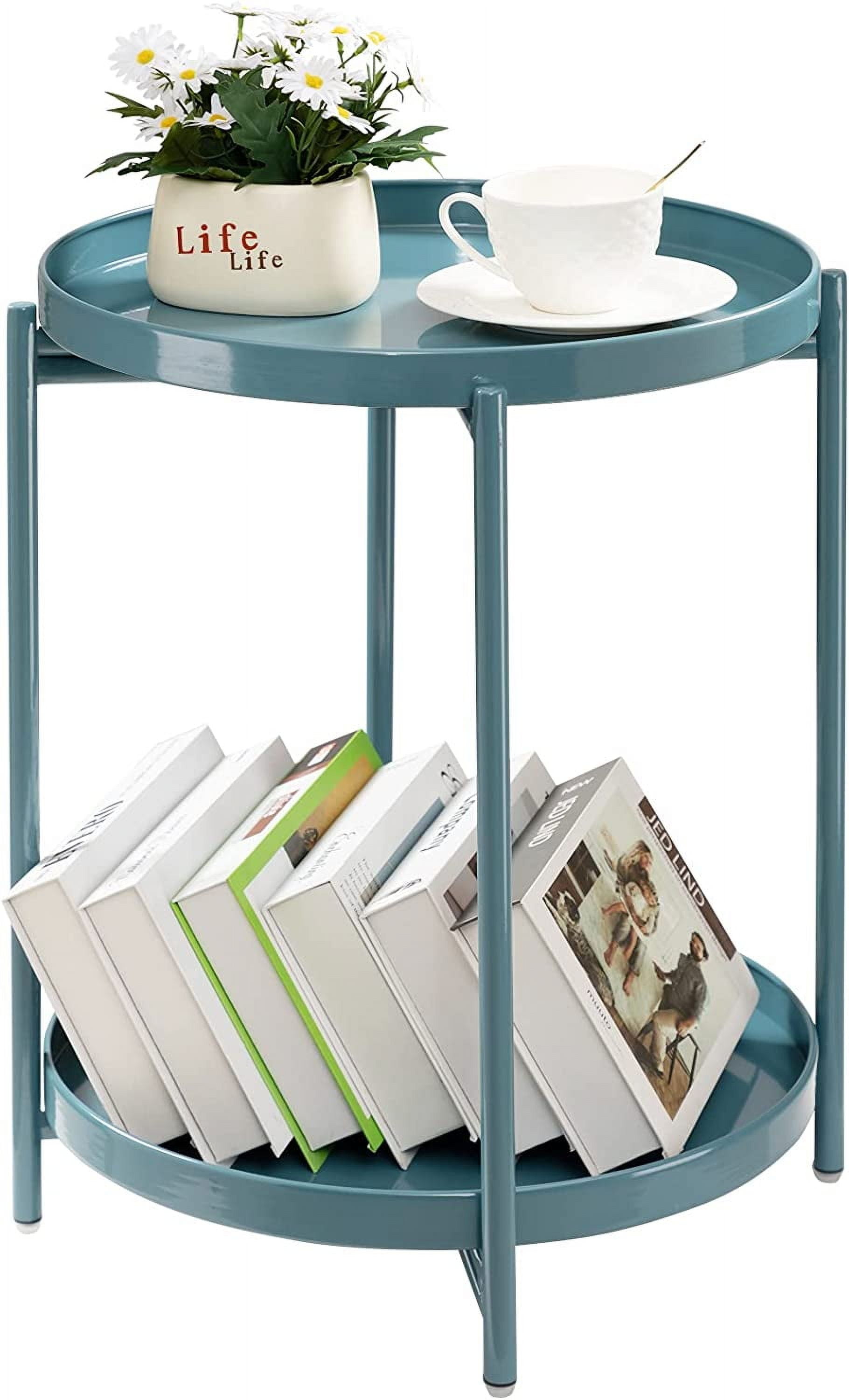 2 Tier Round Side Table, Folding Round Metal End Table Small Nightstand ...