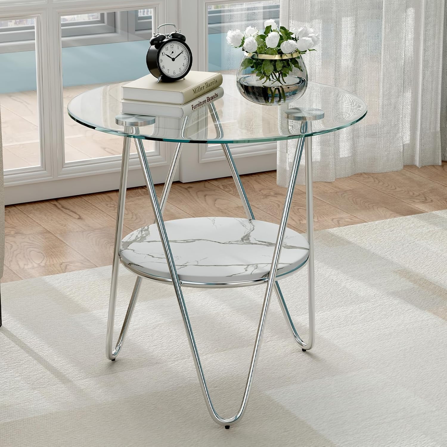 2-Tier Round Side Table with Storage, Glass End Table with Tempered ...