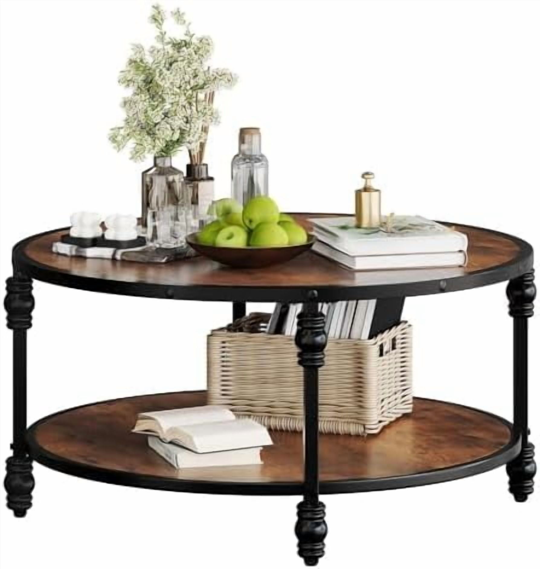 2 Tier Round Wood Coffee Table With Storage Shelf Roman Column Metal