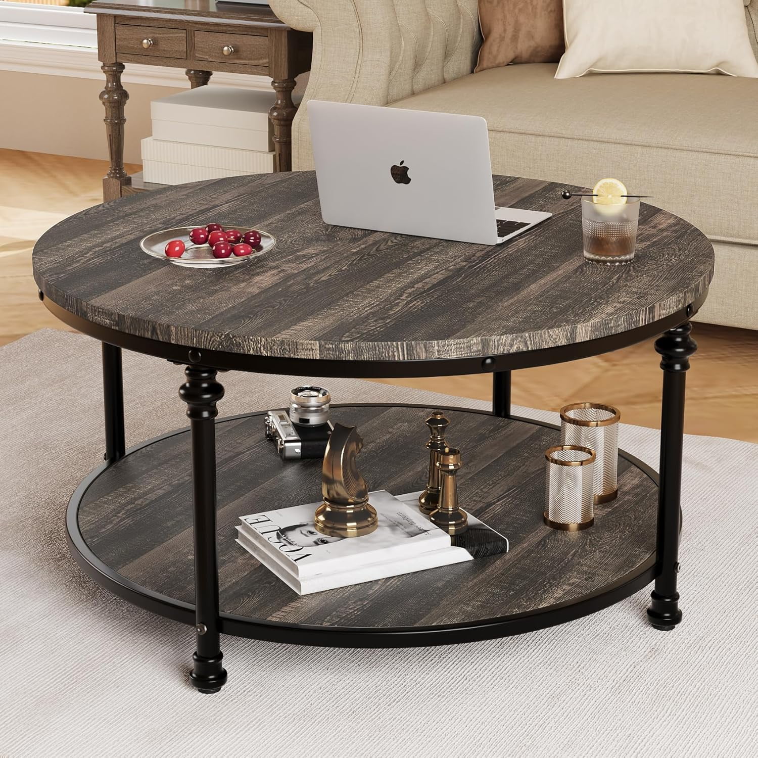 2-Tier Round Wood Coffee Table with Storage Shelf Metal Frame, Rustic ...
