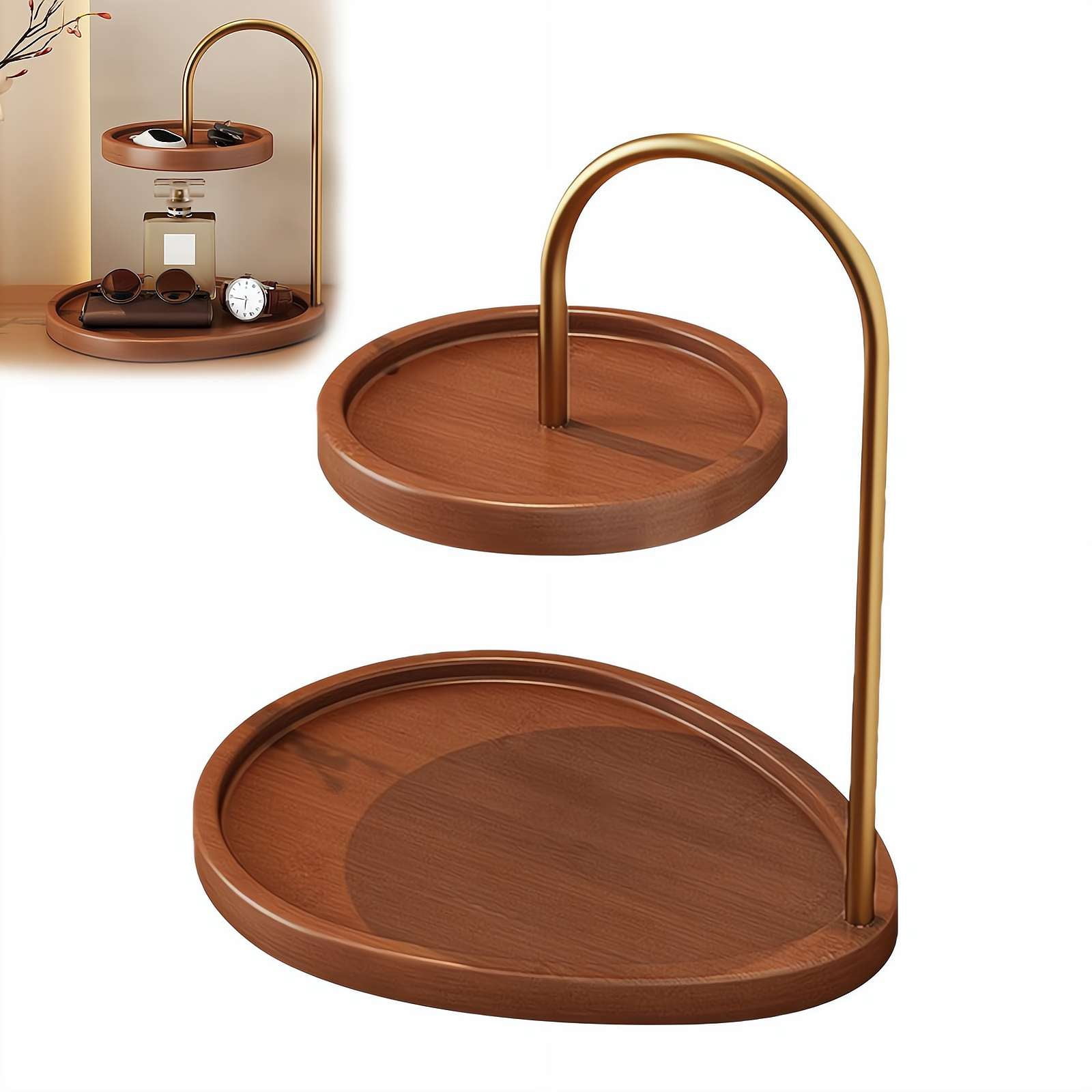 2-Tier Round Wooden Storage Tray Organizer, Double Layer Desktop Shelf ...