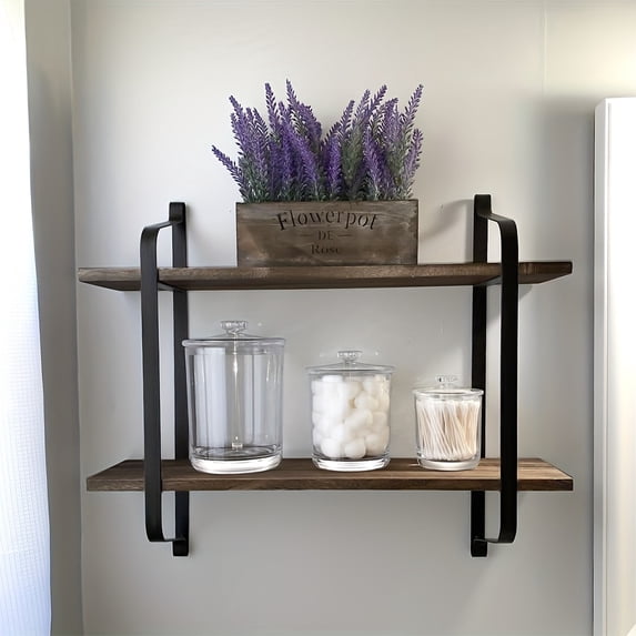 2-Tier Rustic Wall Mount Floating Shelf, Dual Layer Wooden Display ...