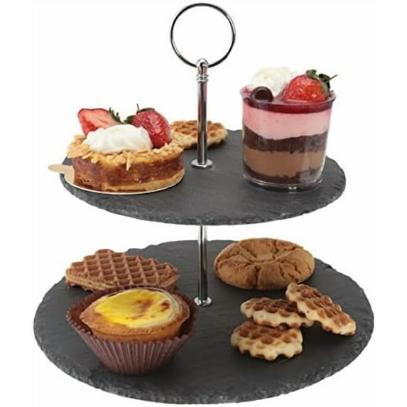 2 Tier Serving Tray with Handle, Slate Cupcake Stand, Round Dessert ...