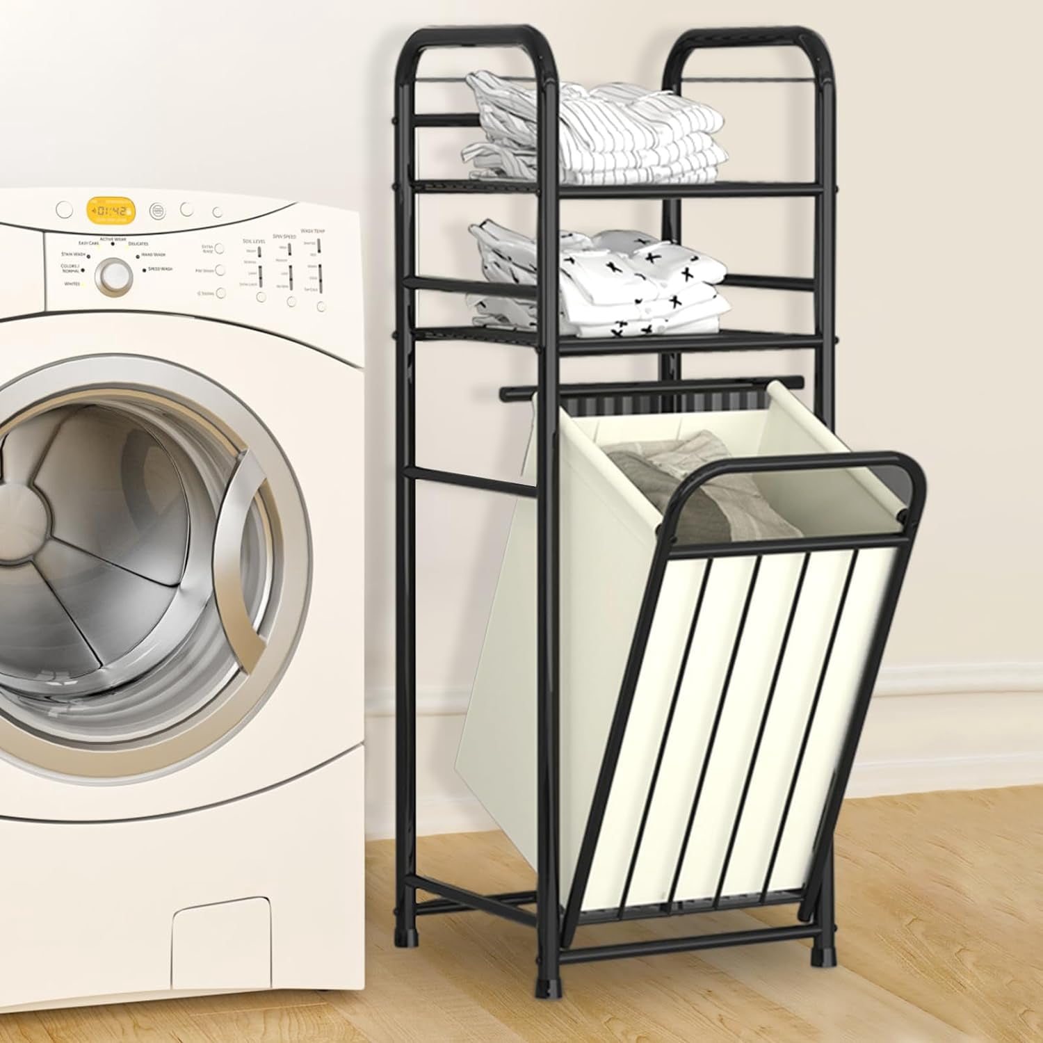 2 Tier Shelves,Laundry Basket with Removable Liner Bag,Clothes Hamper ...