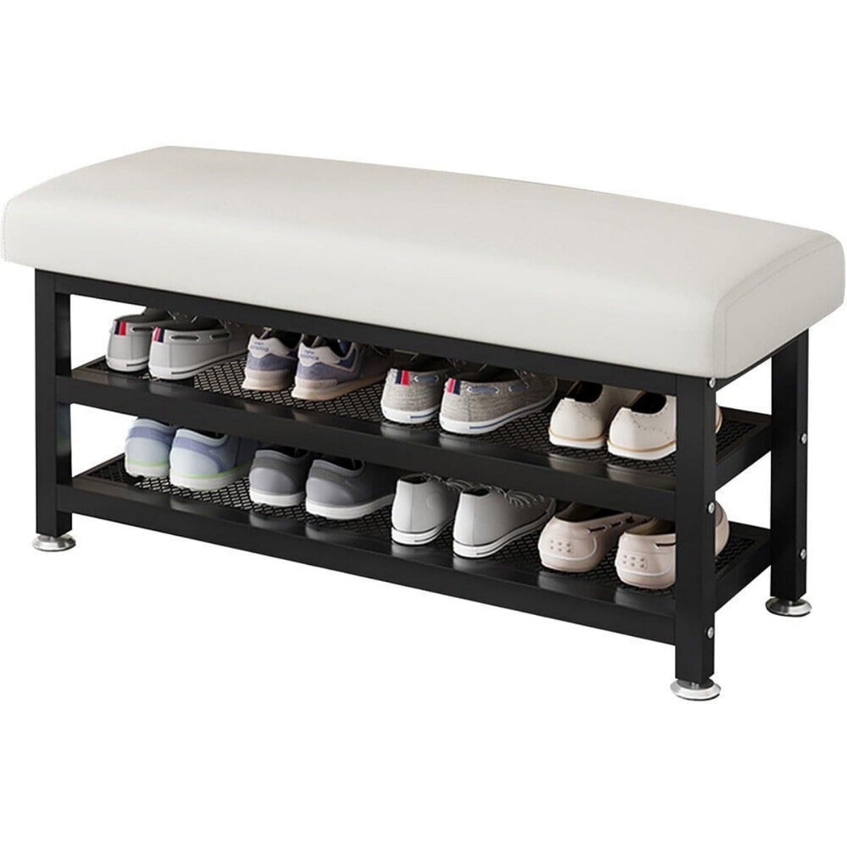 2-Tier Cushion Storage Shoe Rack Footstool for Entryway, White ...