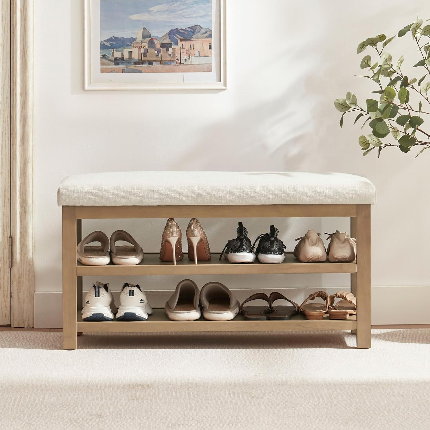 2 Tier Shoe Rack Bench with Cushion, Solid Wood Shoe Benches, Mid ...