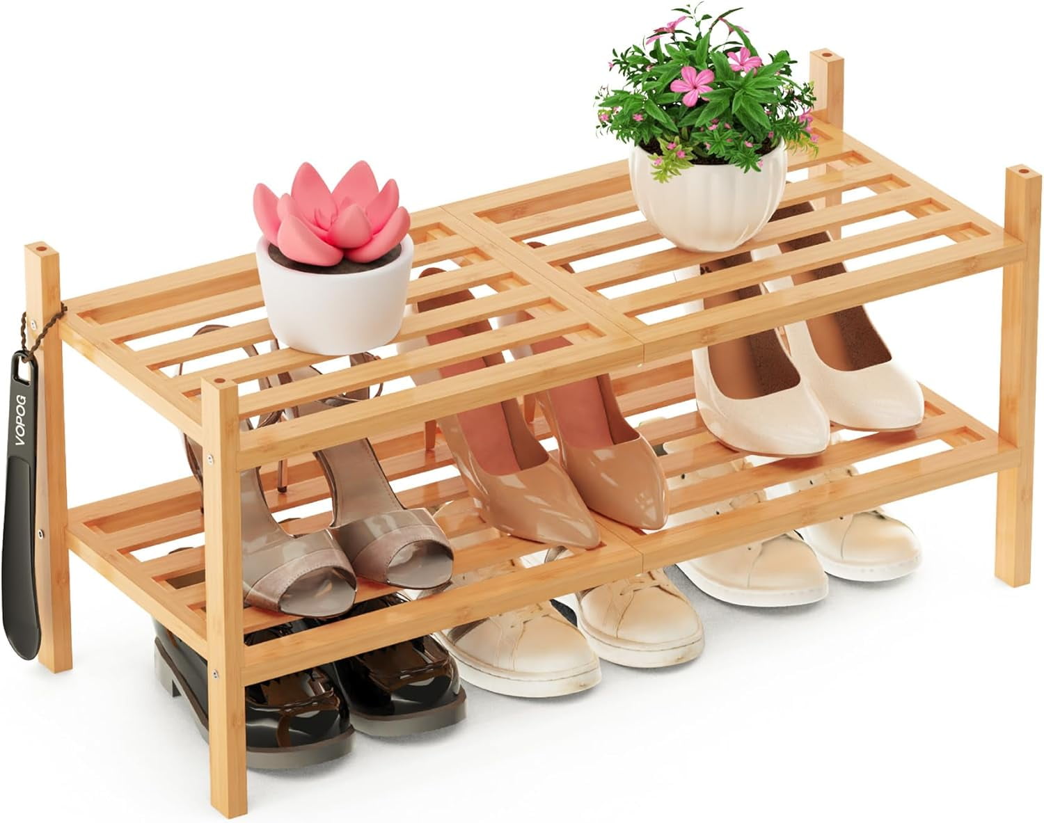 2 Tier Shoe Rack for Front Door Entrance with Shoe Horn, Stackable ...