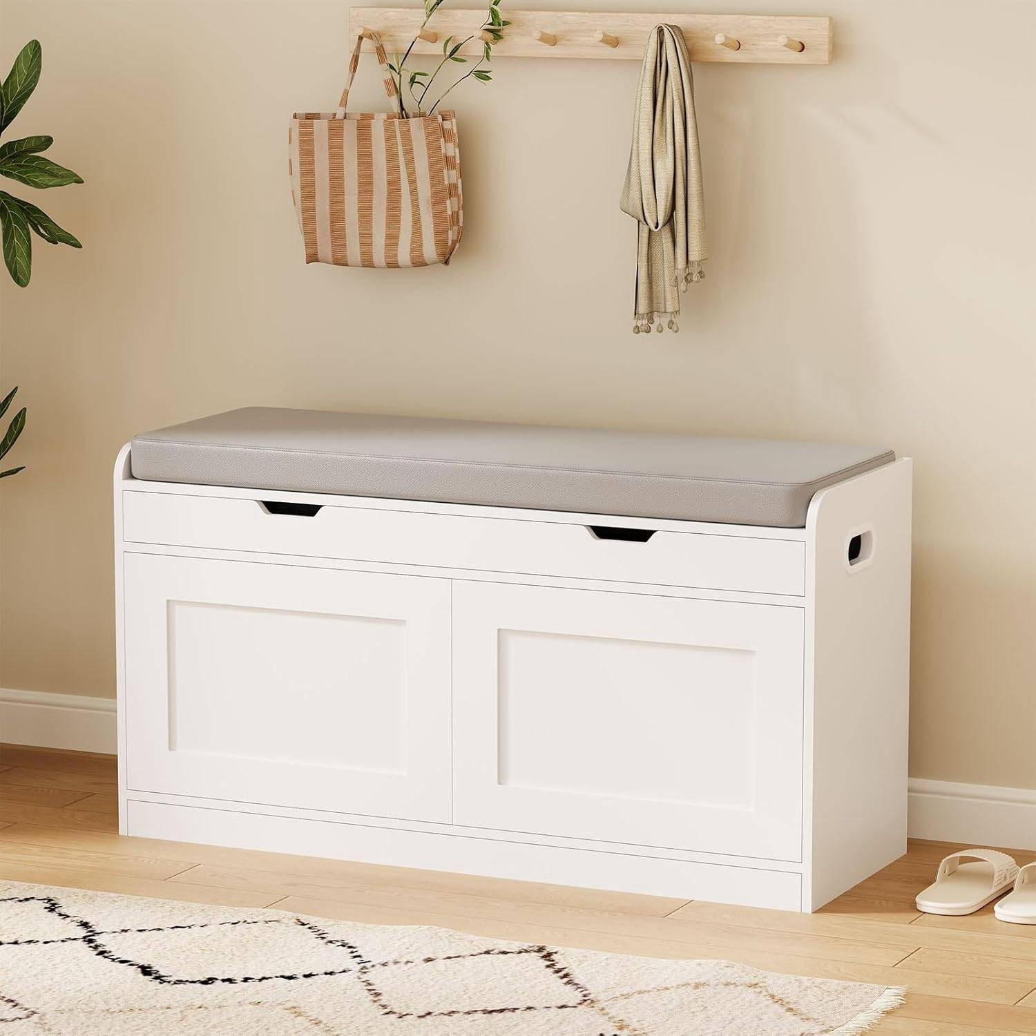 2-Tier Shoe Storage Bench with Lift-Up Cushioned Top, Adjustable ...