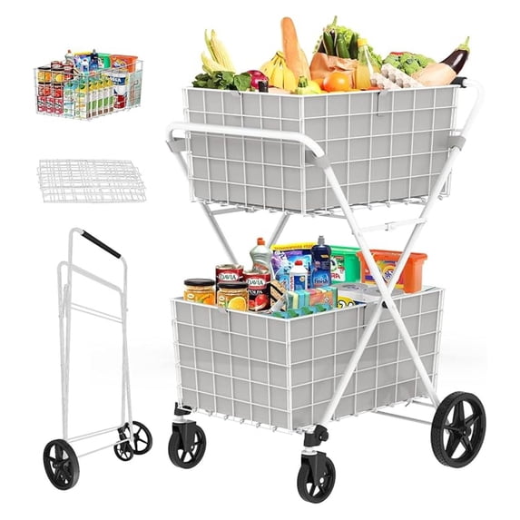 2-Tier Shopping Cart for Groceries, Folding Grocery Cart with 360 ...