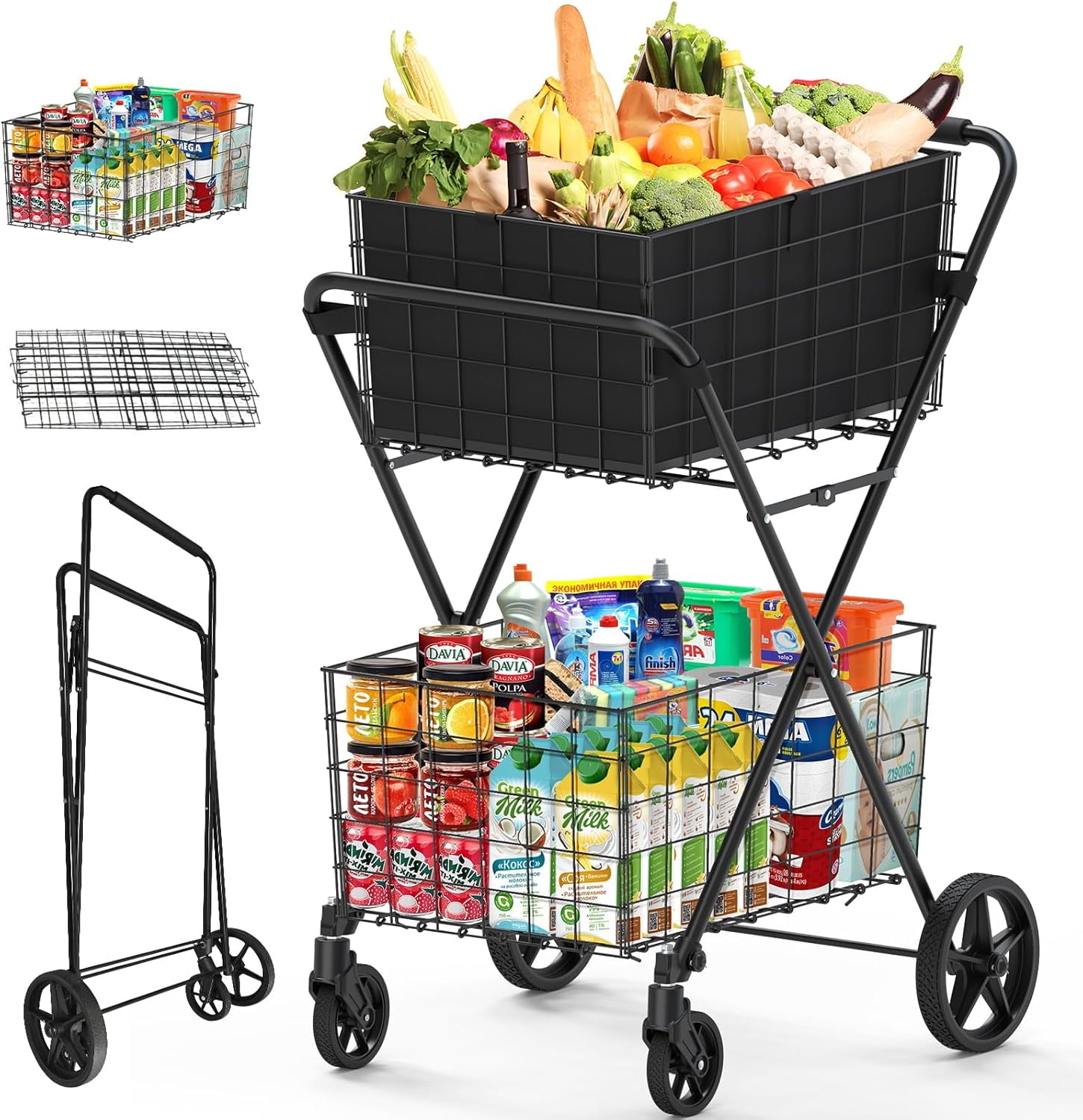 2-Tier Shopping Cart for Groceries, Folding Grocery Cart with 360° Rolling Wheels, Heavy Duty ...