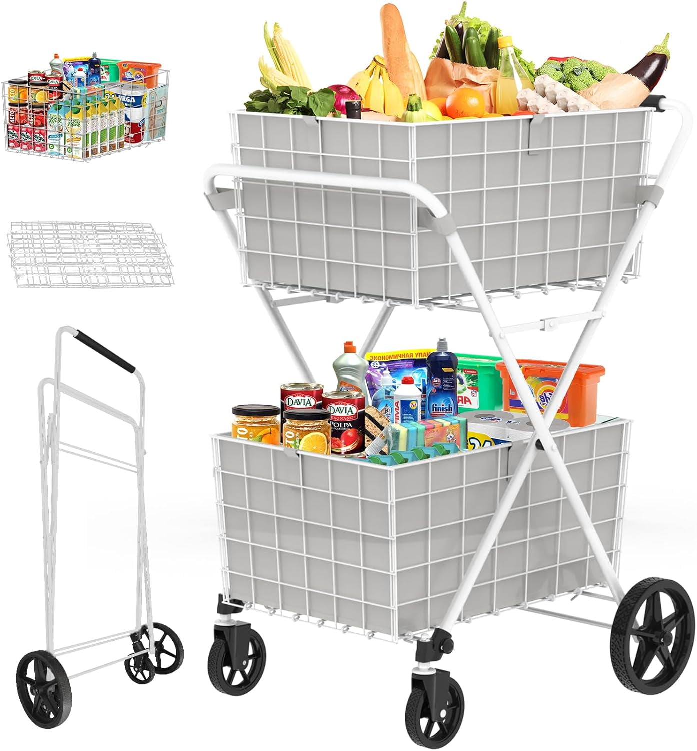 2-Tier Shopping Cart for Groceries, Folding Grocery Cart with 360 ...