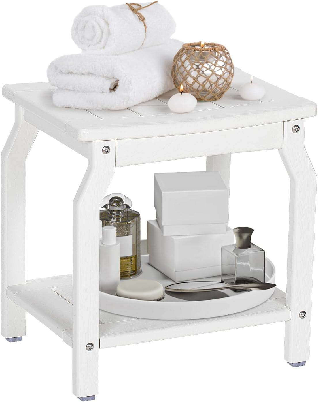 2-Tier Shower Bench with Non-Slip Foot Pads, Wood-Like Spa Shower Stool ...