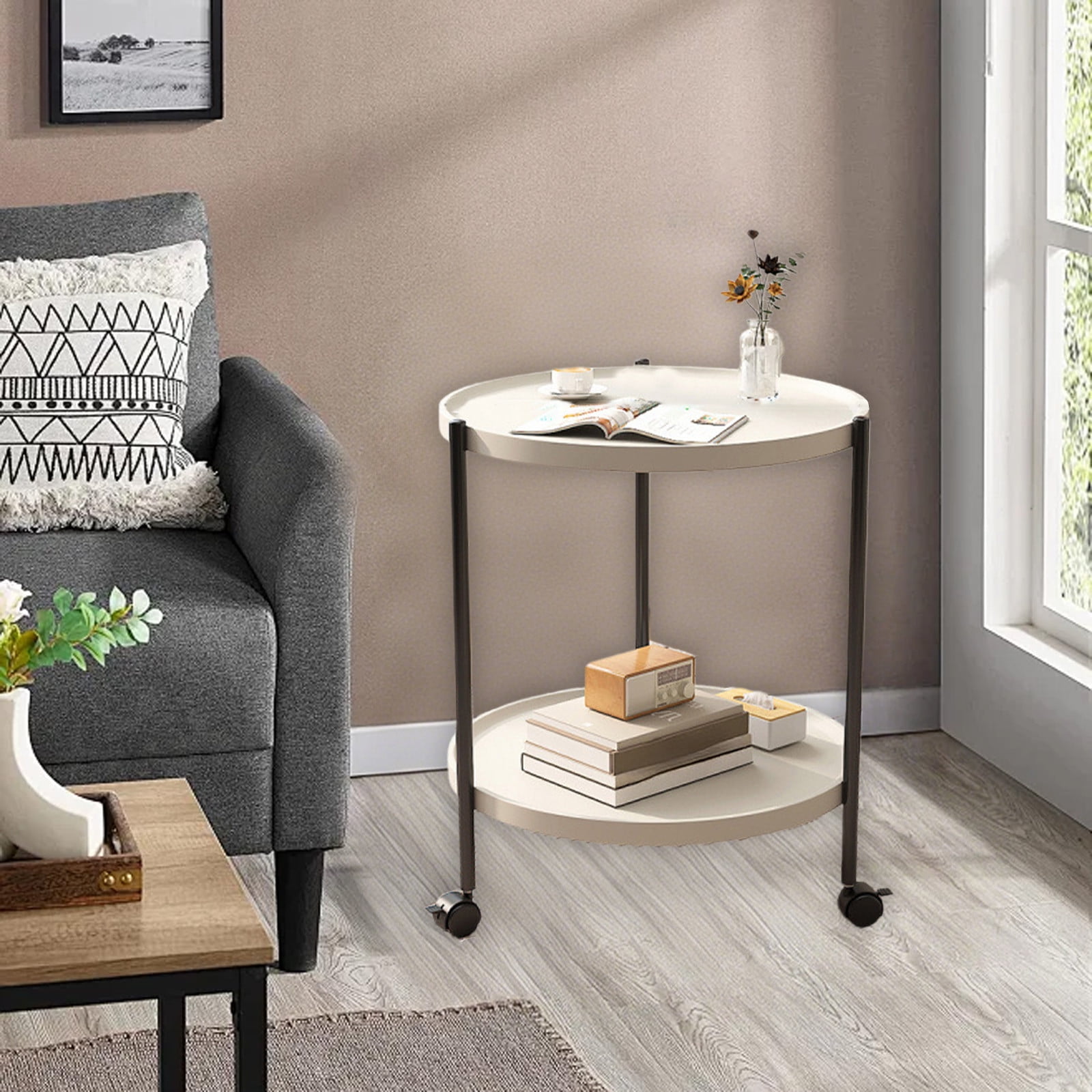2 Tier Side Table Folding Round End Table Small Nightstand With Two ...