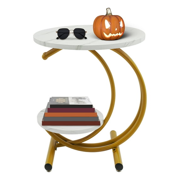 2-Tier Side Table, Round End Table with Storage Shelf, Rustic Wood and ...