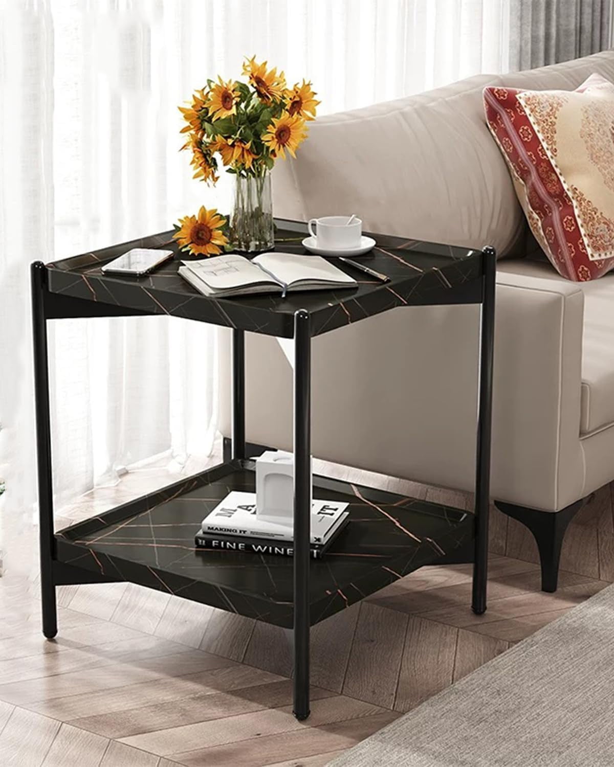 2 Tier Side Table, Small Square End Table with Sturdy Metal Legs, 20 ...