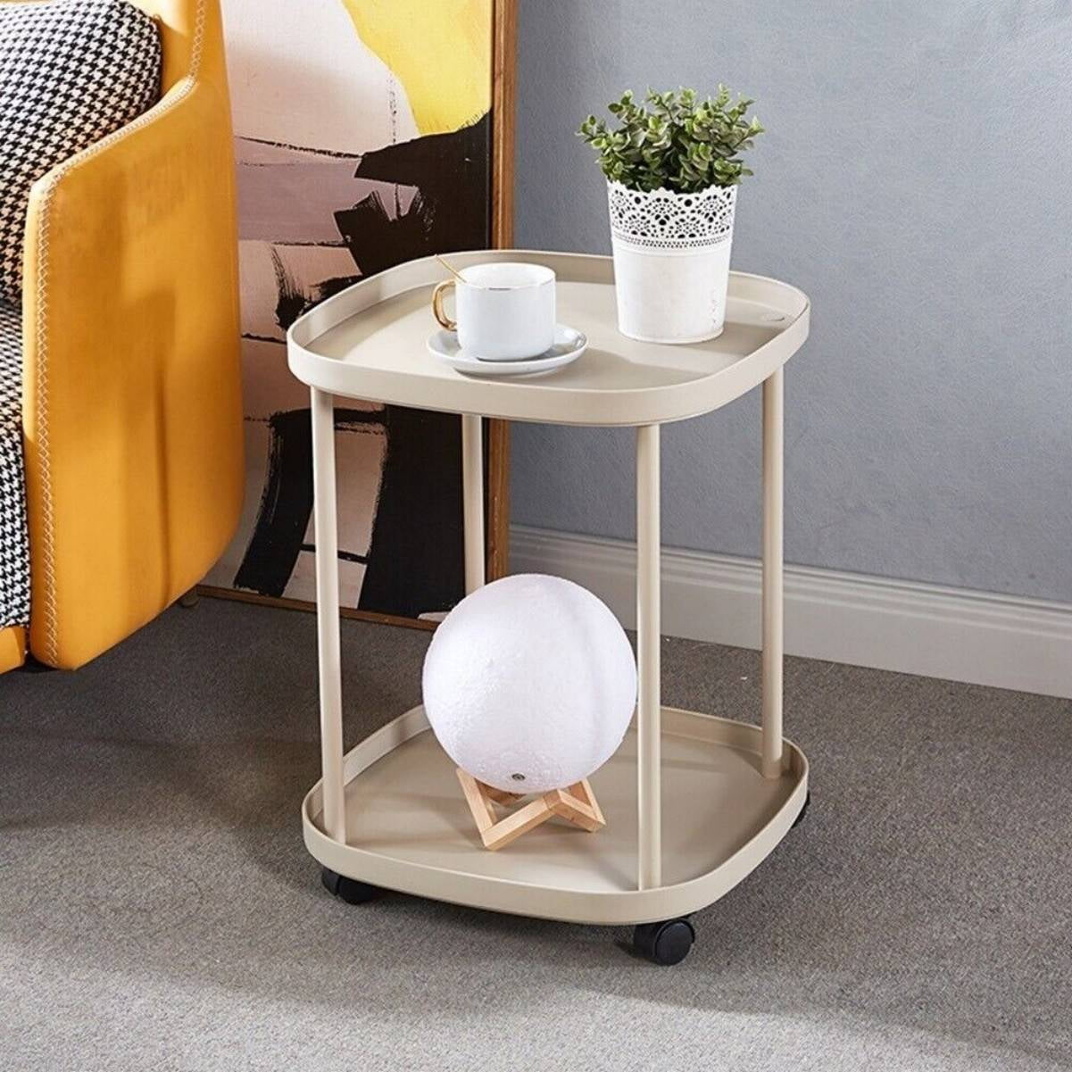2 Tier Side Table w/Wheels Plastic Mobile Sofa End Table NightStand ...