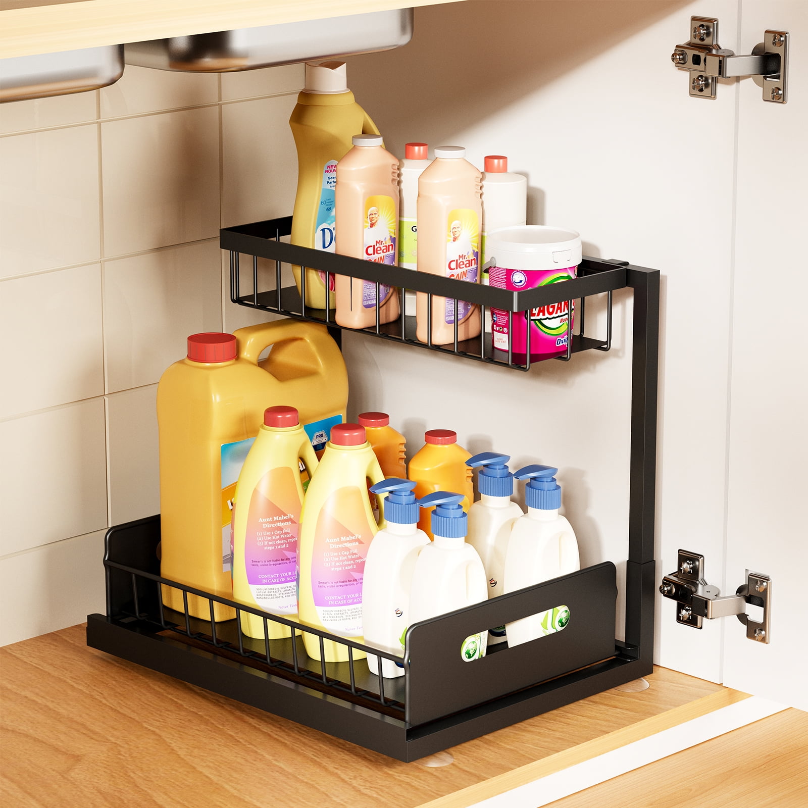 2-Tier Under Sink Metal Organizer with Sliding Drawer & Baskets, Pull ...