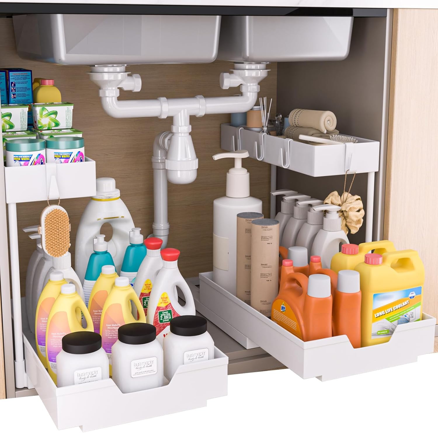 2-Tier Under Sink Organizers 2 Pack Sliding L-shape Cabinet Organizers ...
