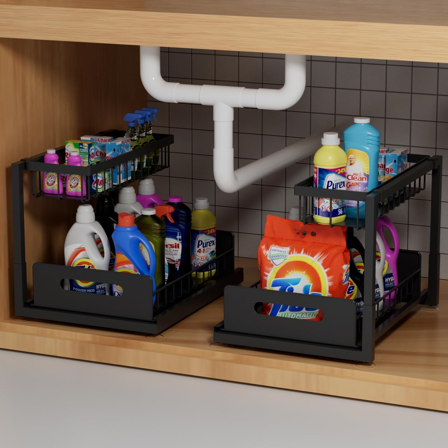 2-Tier Under Sink Slide Out Organizer, 2 Pack Pull Out Cabinet Storage ...