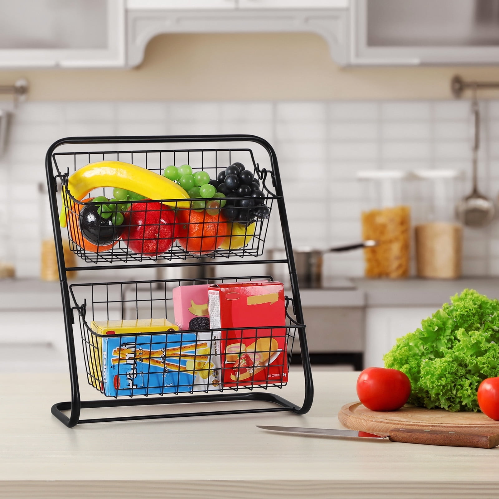 2-Tier Slanted Countertop Wire Storage Basket - Black Metal Fruit ...