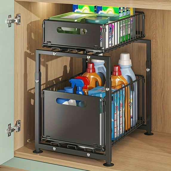 2-Tier Slide-Out Under Sink Organizer - Heavy-Duty Carbon Steel Rack ...