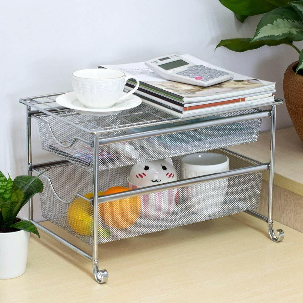 2 Tier Sliding Basket Stackable Under Sink Cabinet Organizer Bathroom ...