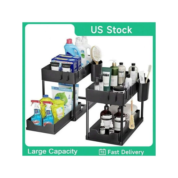2-Tier Sliding Under Sink Organizer With Hooks - Multi-Purpose Storage ...