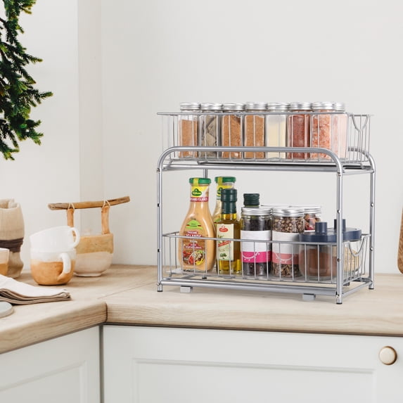 2‑Tier Sliding Wire Basket Organizer, Silver Metal Pull‑Out Drawer ...