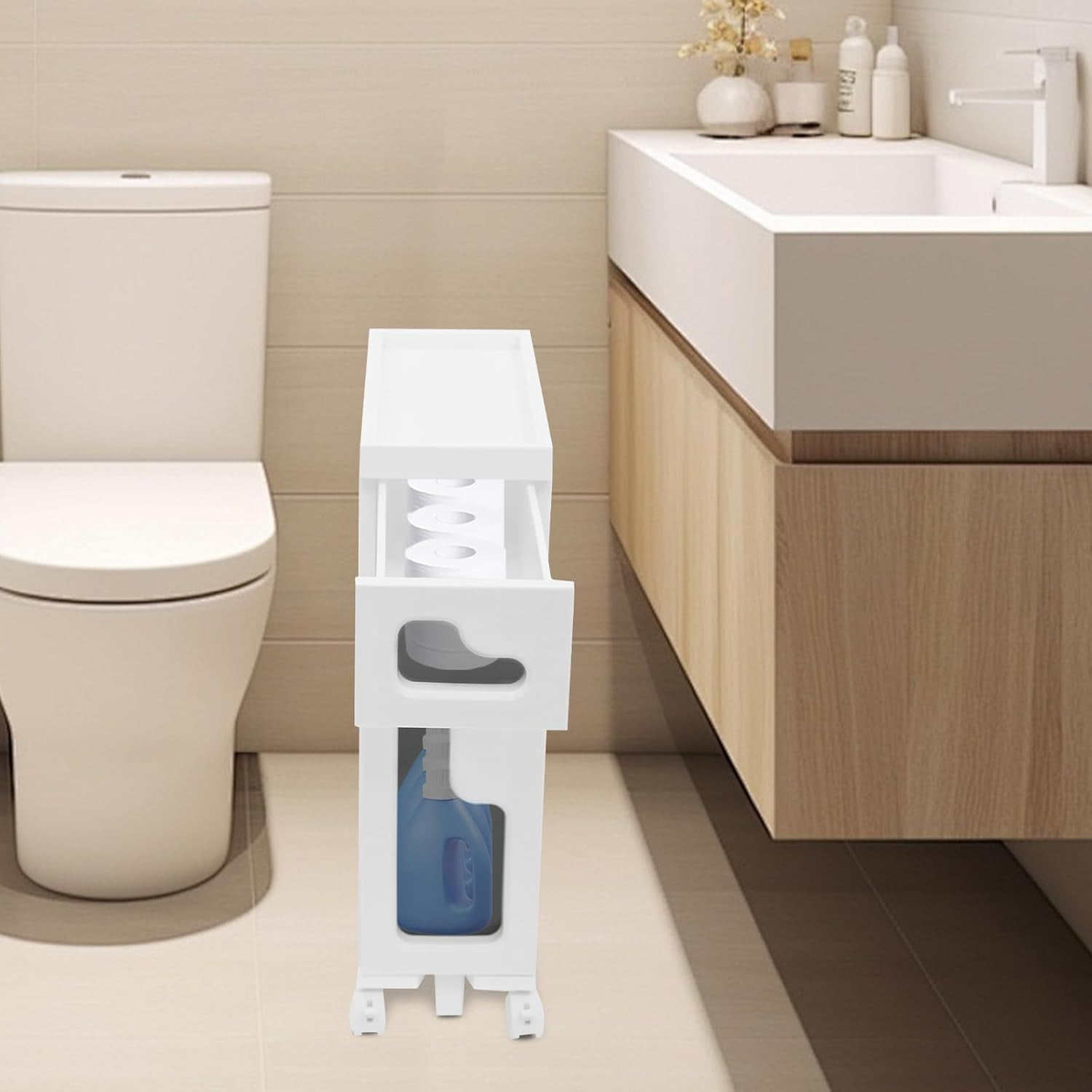 2 Tier Slim Bathroom Storage Cabinet with Movable WheelsSmall Bathroom ...