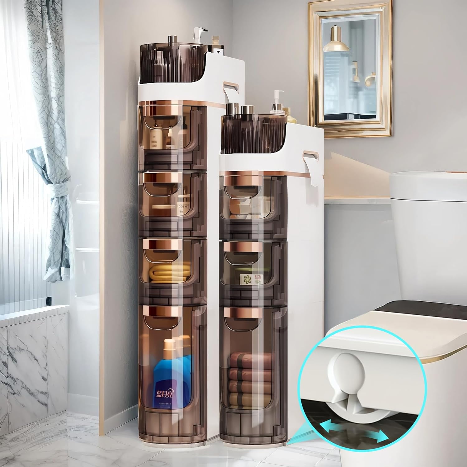 2-Tier Slim Bathroom Storage Cabinet, Narrow Floor Cabinet with Wheels ...