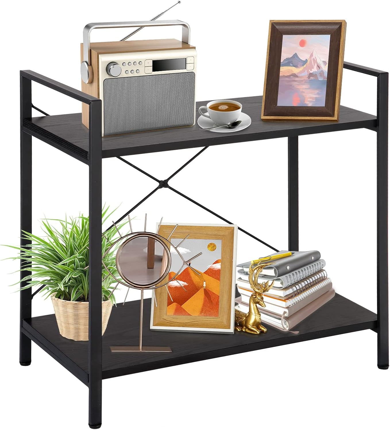 2 Tier Small Bookshelf for Small Space, 2 Shelf Low Metal Bookcase Modern Industrial Shelving ...
