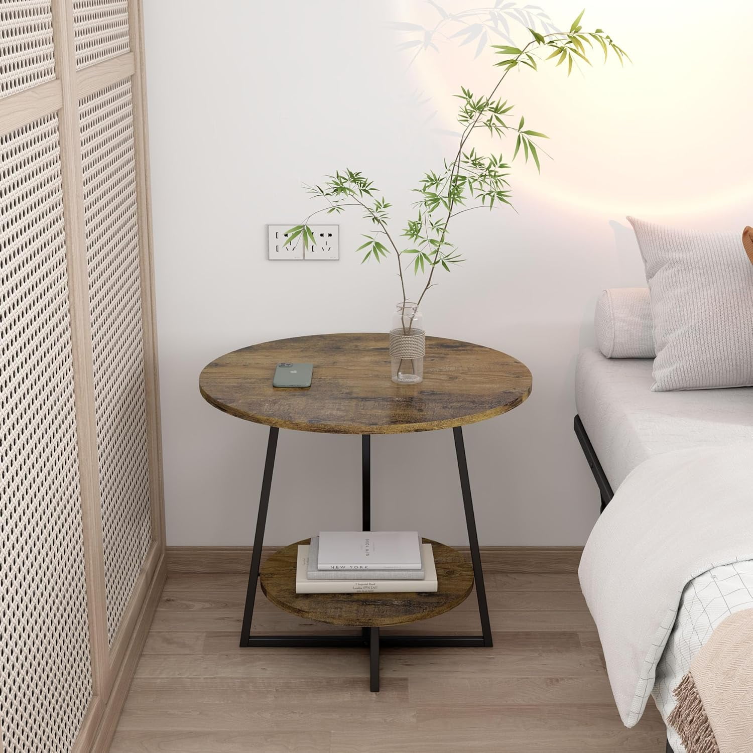 2 Tier Small Round Side Table, Wooden End Table with Storage Shelf ...