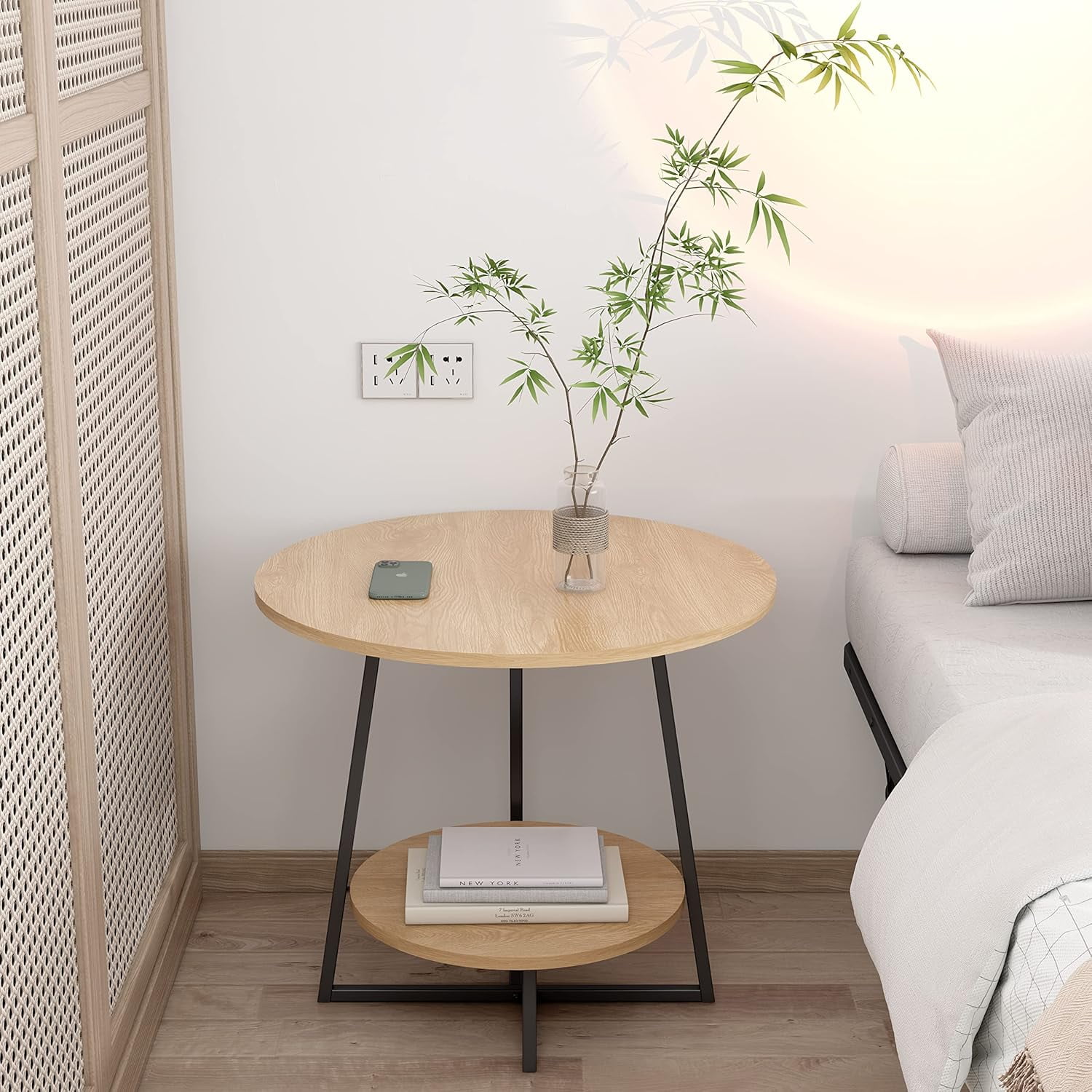 2 Tier Small Round Side Table, Wooden End Table with Storage Shelf ...