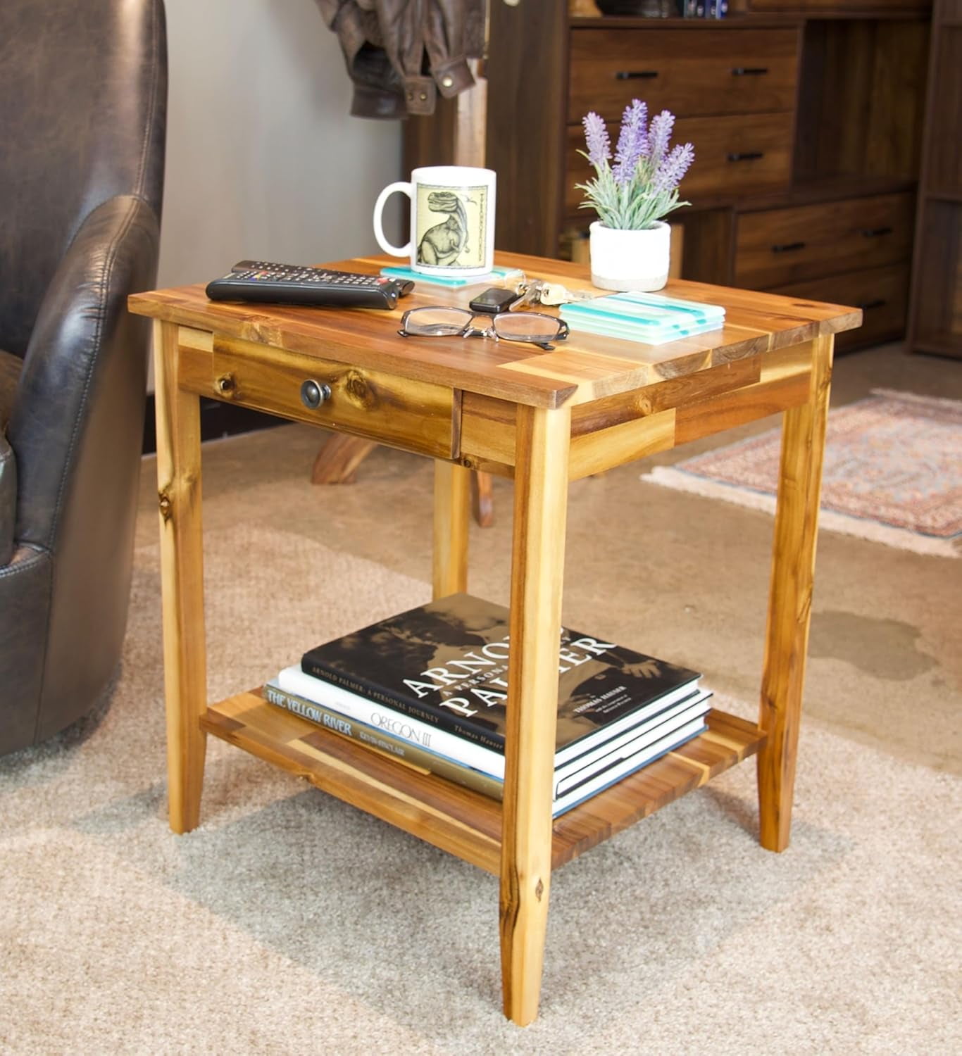 2-Tier Solid Acacia End Table w/Drawer - Walmart.com