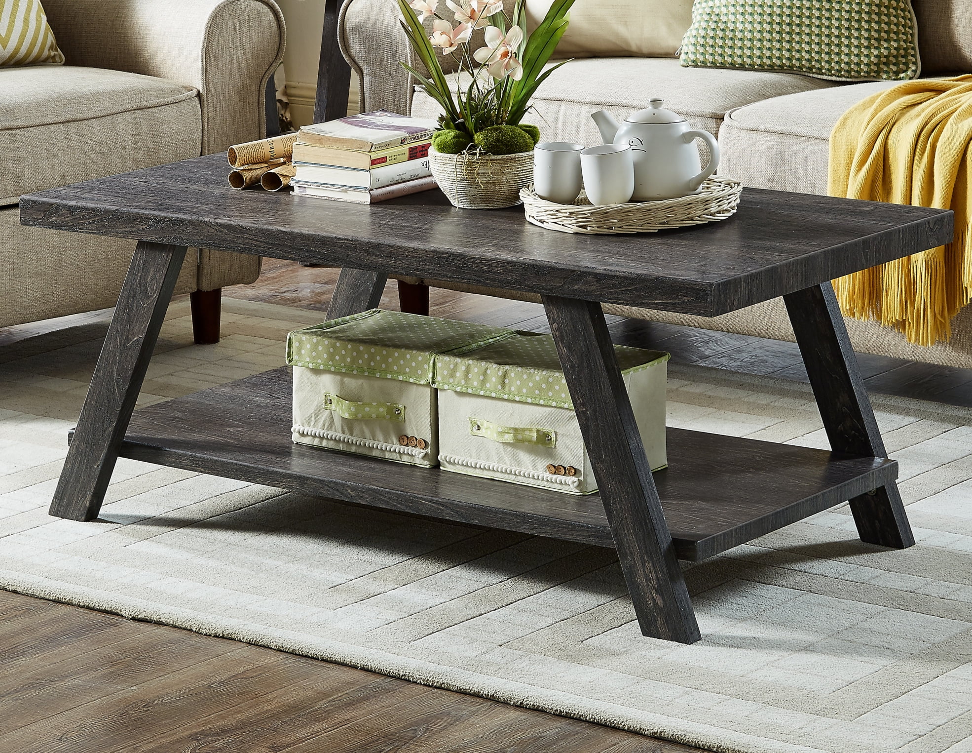 2-Tier Solid Wood Coffee Table with Storage Open Shelf, Athens ...