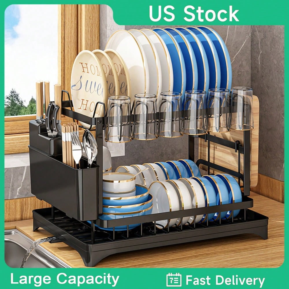 2-Tier Space-Saving Dish Drying Rack,Large Metal Dish Drainer Rack With ...