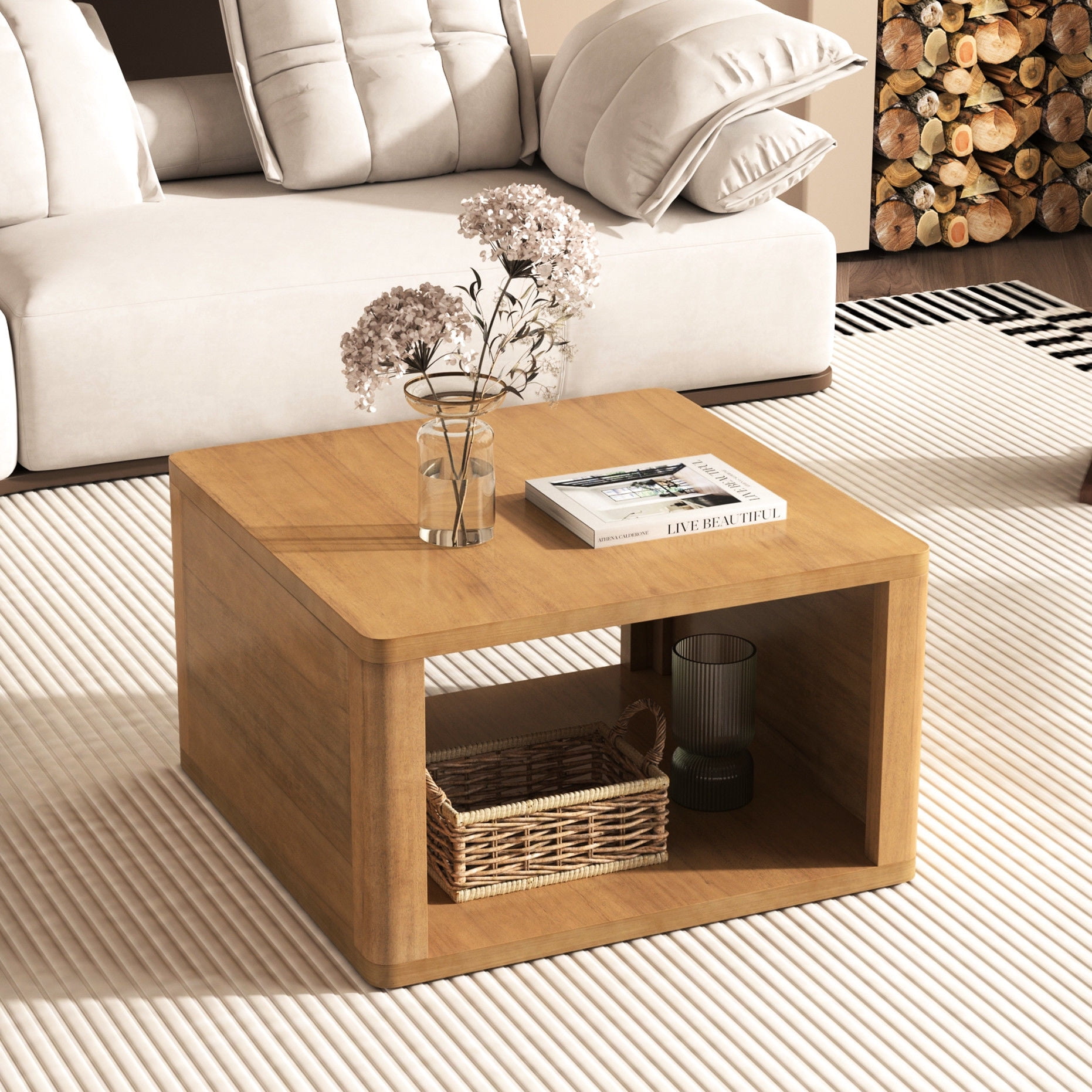 2-Tier Square Coffee Table+Rustic Farmhouse Design”-“Living Room Use ...