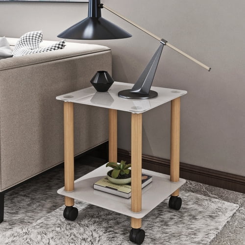 2-Tier Square Night Stand End Table, Glass Coffee Table with Metal Tube ...