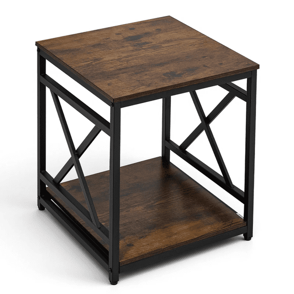 2-Tier Square Side Table with Open Shelves, Modern Nightstand with X ...